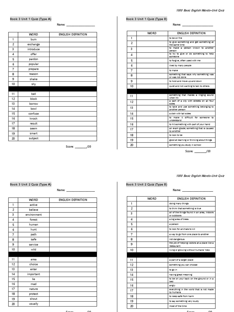 Basic English Words Unit Quiz Series | PDF | Definition | Thought