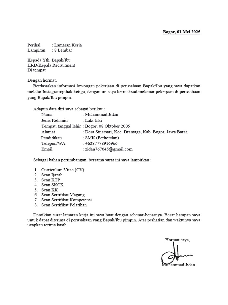 Lamaran Kerja Muhammad Jidan | PDF