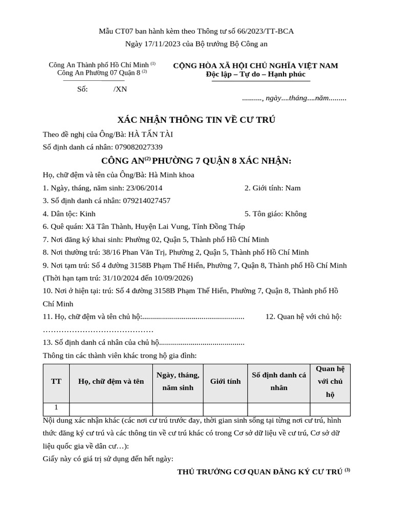 Mẫu CT07 - Xác nhận cư trú | PDF