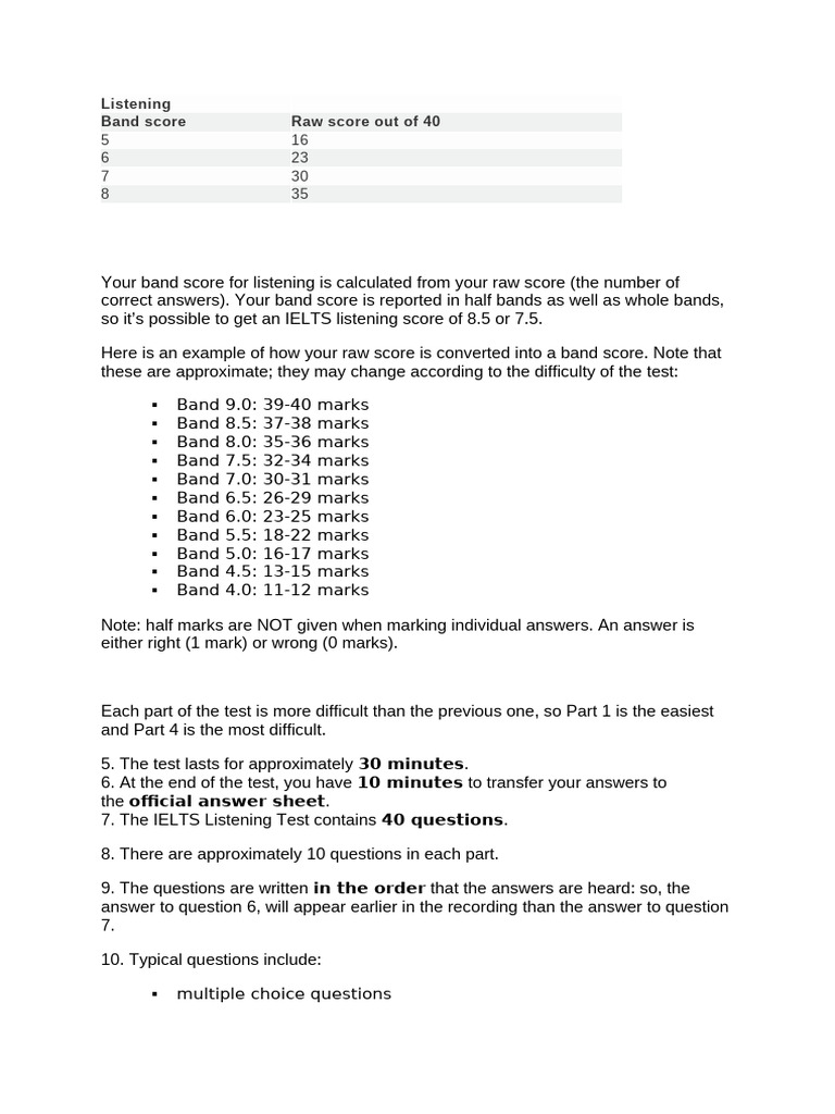 IELTS Listening Band Score Guide | PDF | International English Language ...