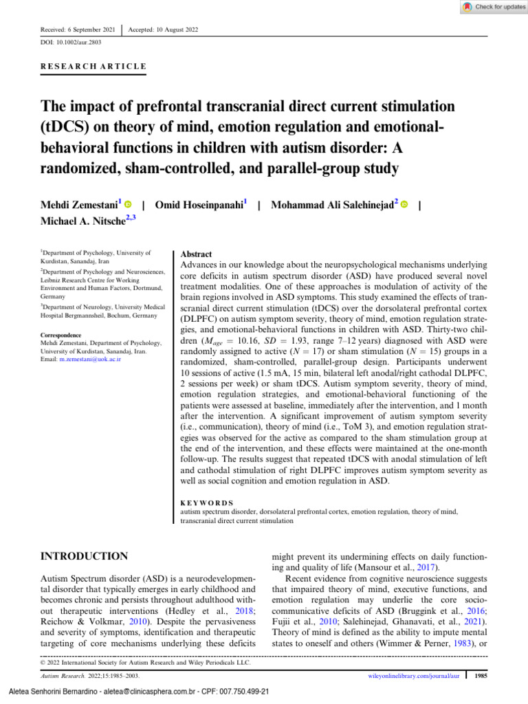 Autism Research - 2022 - Zemestani - The impact of prefrontal transcranial direct current ...