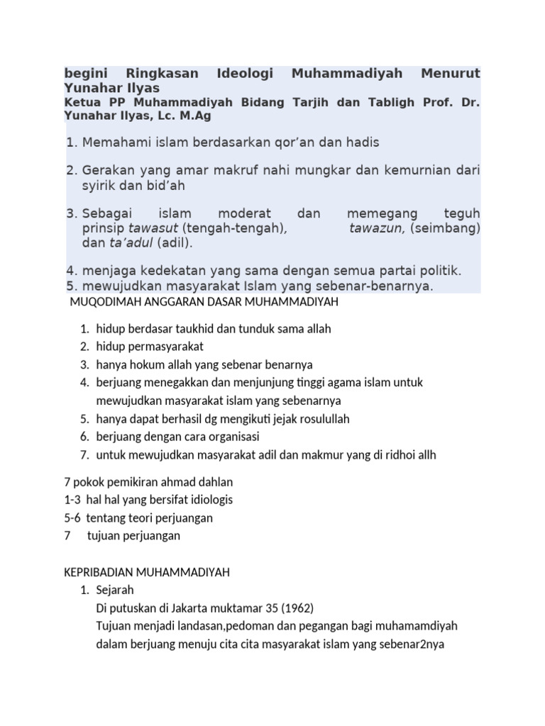 Begini Ringkasan Ideologi Muhammadiyah Menurut Yunahar Ilyas | PDF