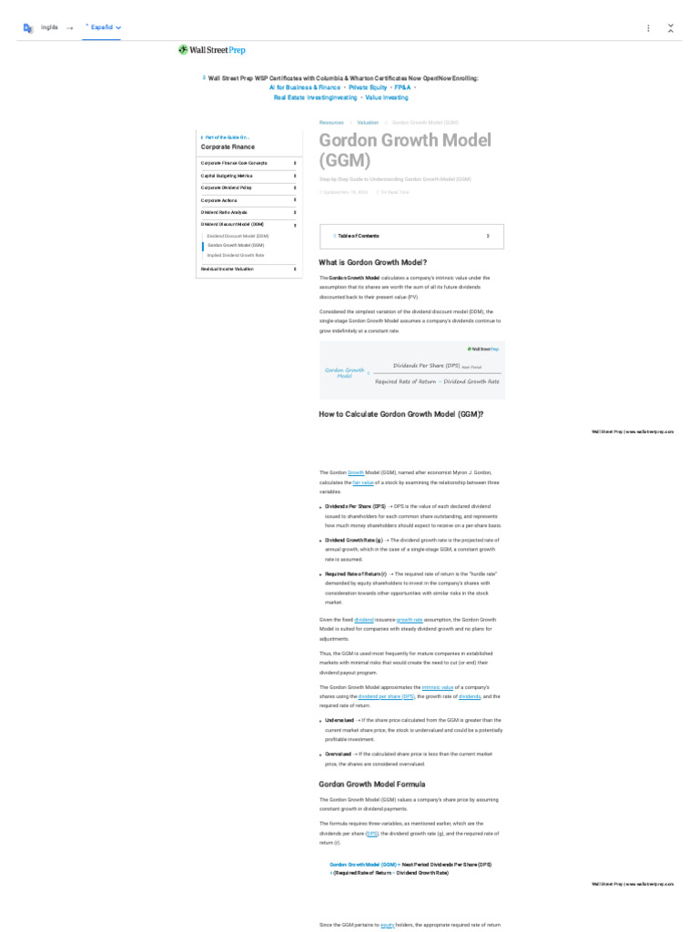 Gordon Growth Model (GGM) - Formula + Calculator | PDF | Discounted ...