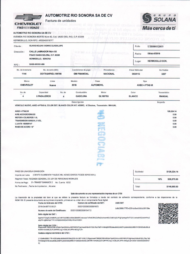 Factura Aveo 2016 | PDF