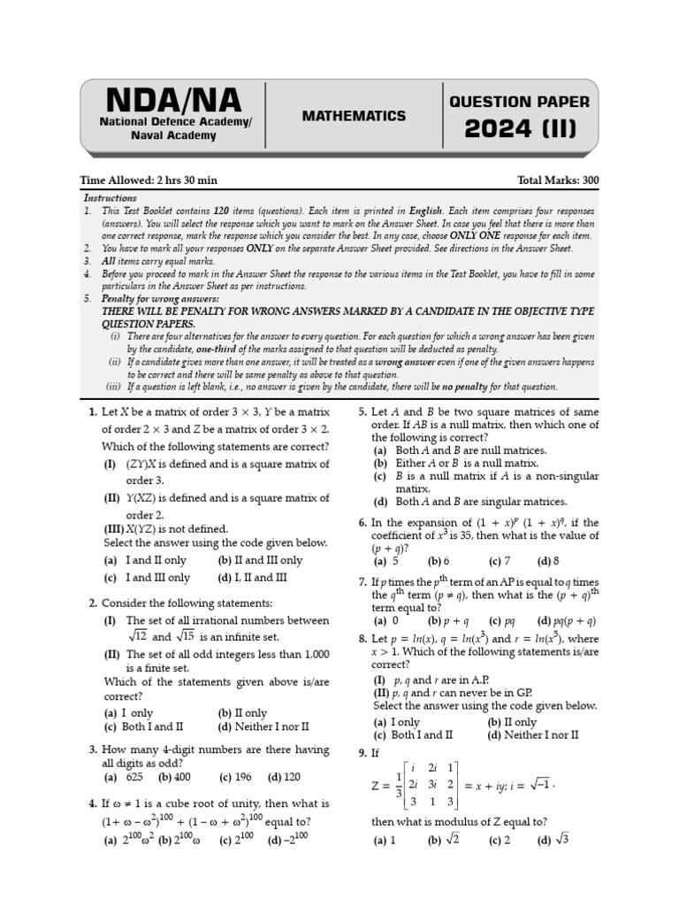 NDA Math Paper 2 2024 | PDF | Matrix (Mathematics) | Mathematical Objects