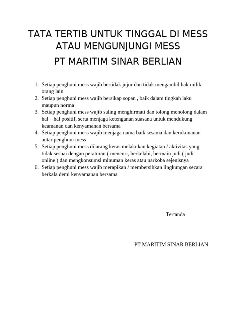 Tata Tertib Untuk Tinggal Di Mess Atau Mengunjungi Mess | PDF