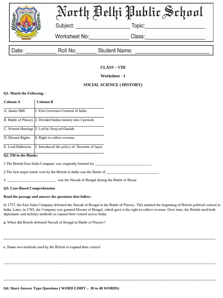 Class 8th Worksheet HISTORY | PDF | British Raj | British India