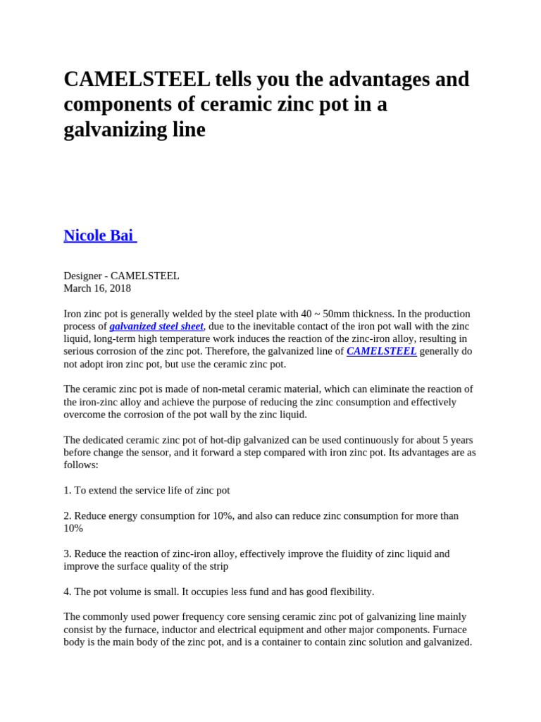 CAMELSTEEL Tells You The Advantages and Components of Ceramic Zinc Pot ...