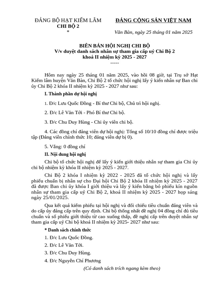 1. BB Họp Chi Bộ Duyệt DS NS Cấp Ủy NK 2025-2027 | PDF