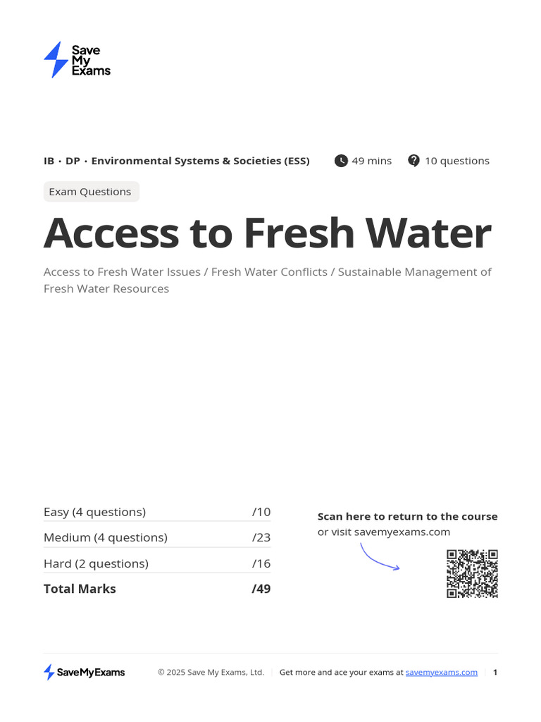 Fresh Water Access Exam Questions | PDF | Water Scarcity | Water Resources