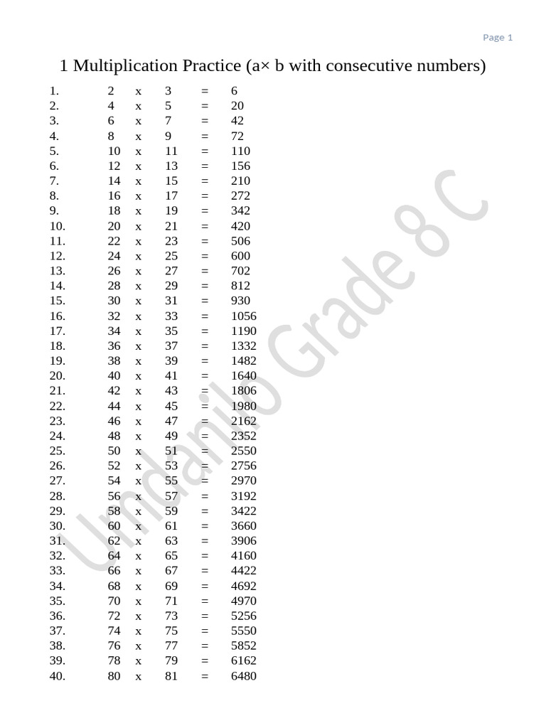 Consecutive Numbers Multiplication Chart | PDF