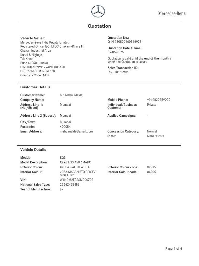 STS Mr. Mehul Malde EQS SUV 450 | PDF | Taxes | Insurance