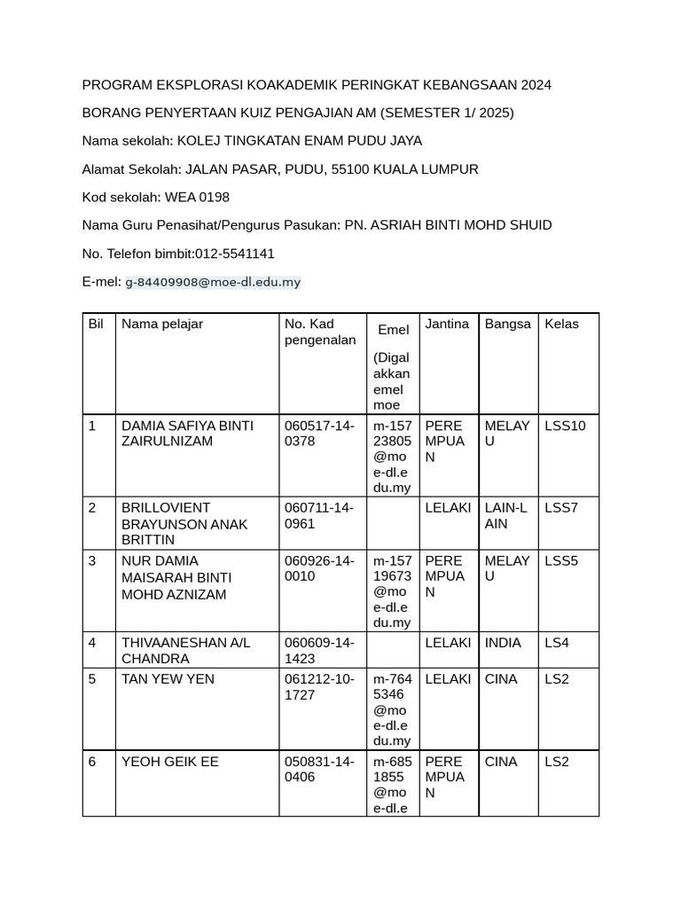 Template Maklumat Peserta Kuiz Pengajian Am Kte Desa Mahkota Sem 3 | PDF