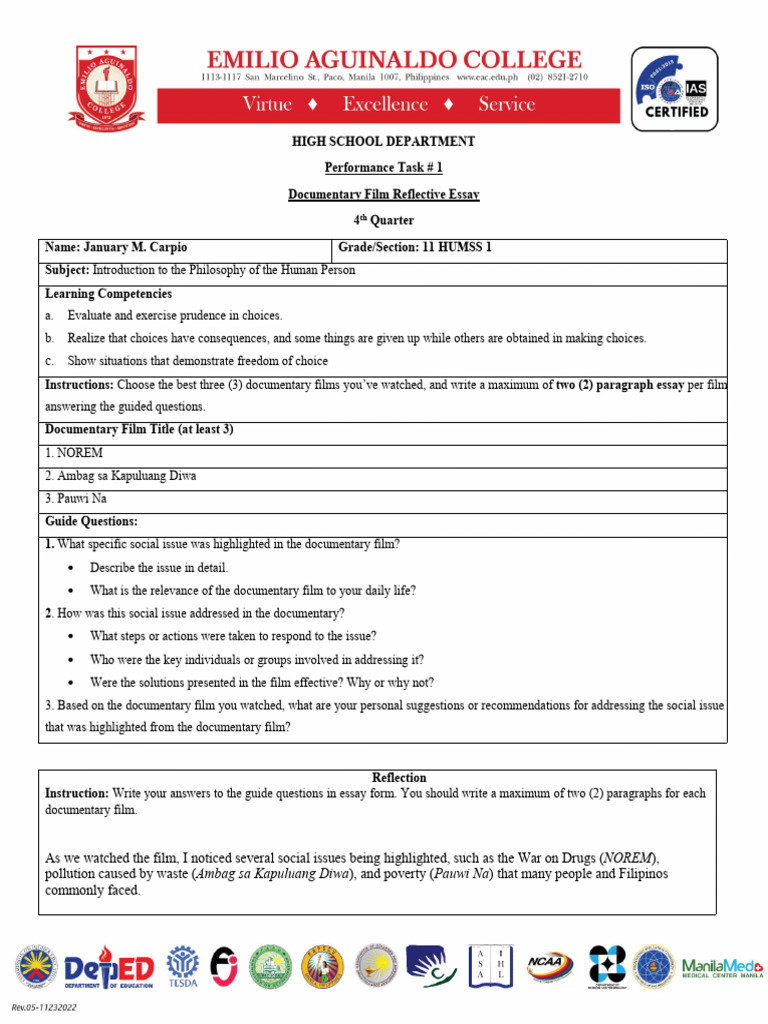 Performance Task 3 in Philo 4TH Quarter (Docu Screening) | PDF | Concept | Creativity