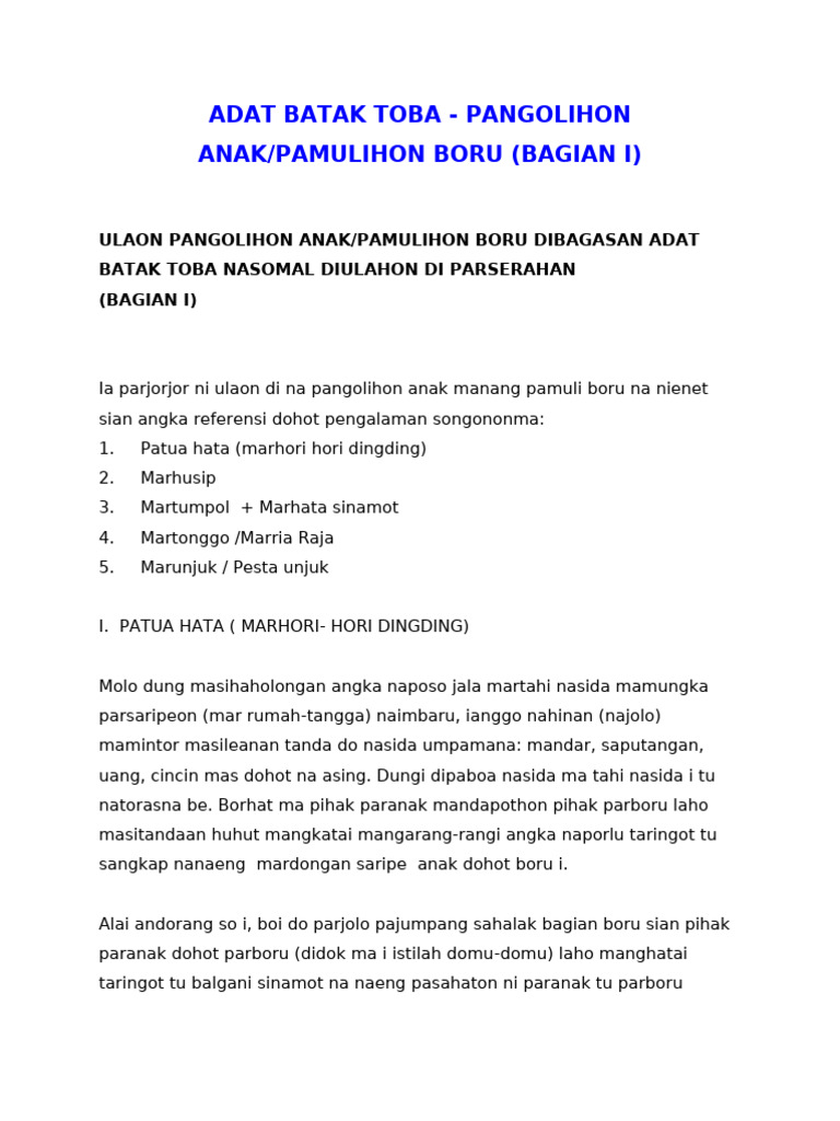 Adat Pangolihon Boru Batak Toba | PDF
