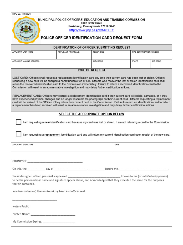 Mpo-237 - Replacement Id Card Request Form | PDF | Identity Document ...