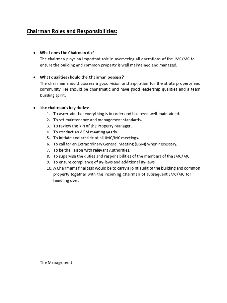 Job Descriptions of The Chairman | PDF