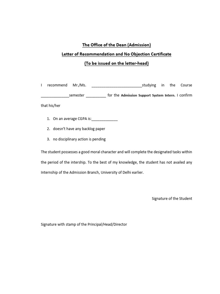 NOC Letter for Internship Recommendation | PDF