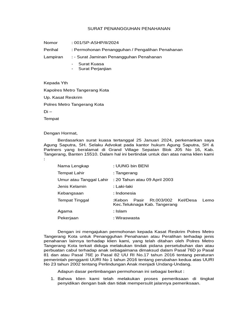 Surat Penangguhan Penahanan Uung | PDF