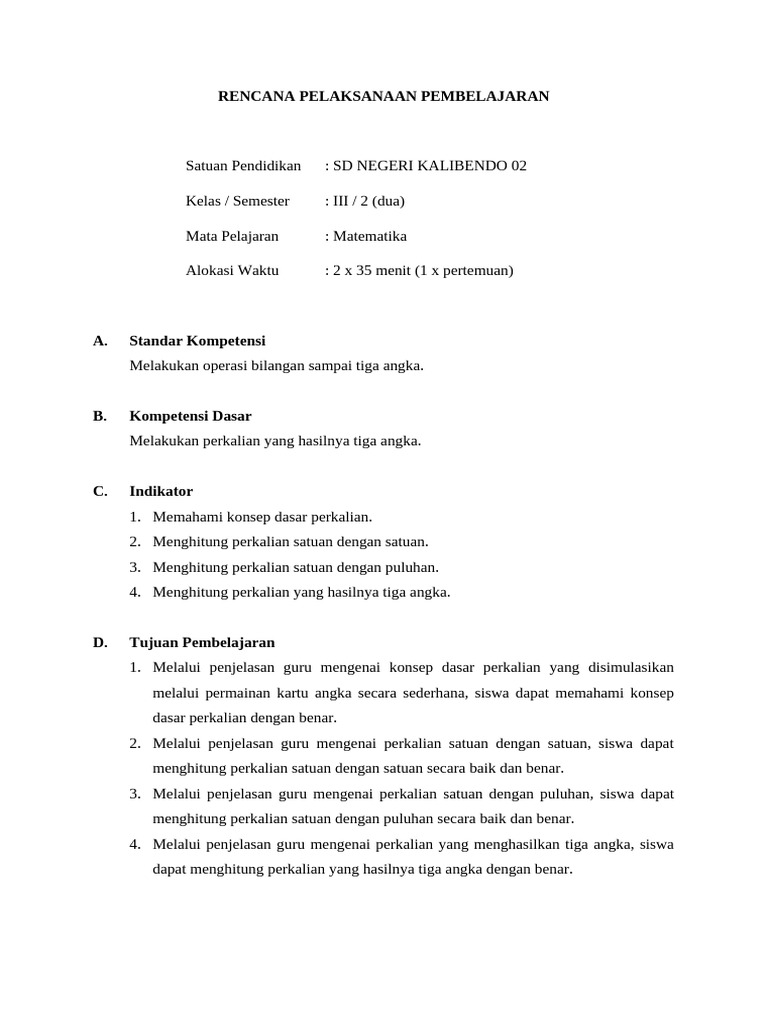 RPP Matematika Kelas 3 SD | PDF