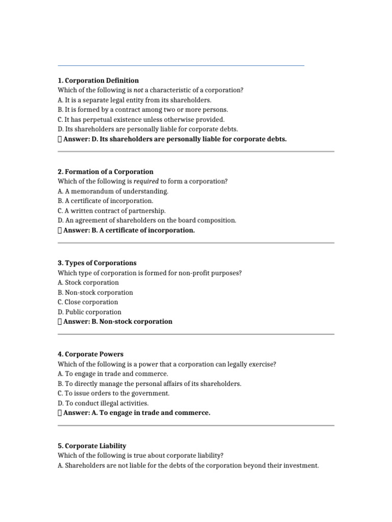 RFBT Law On Corporation Multiple Choice | PDF | Corporations | Joint Stock Company
