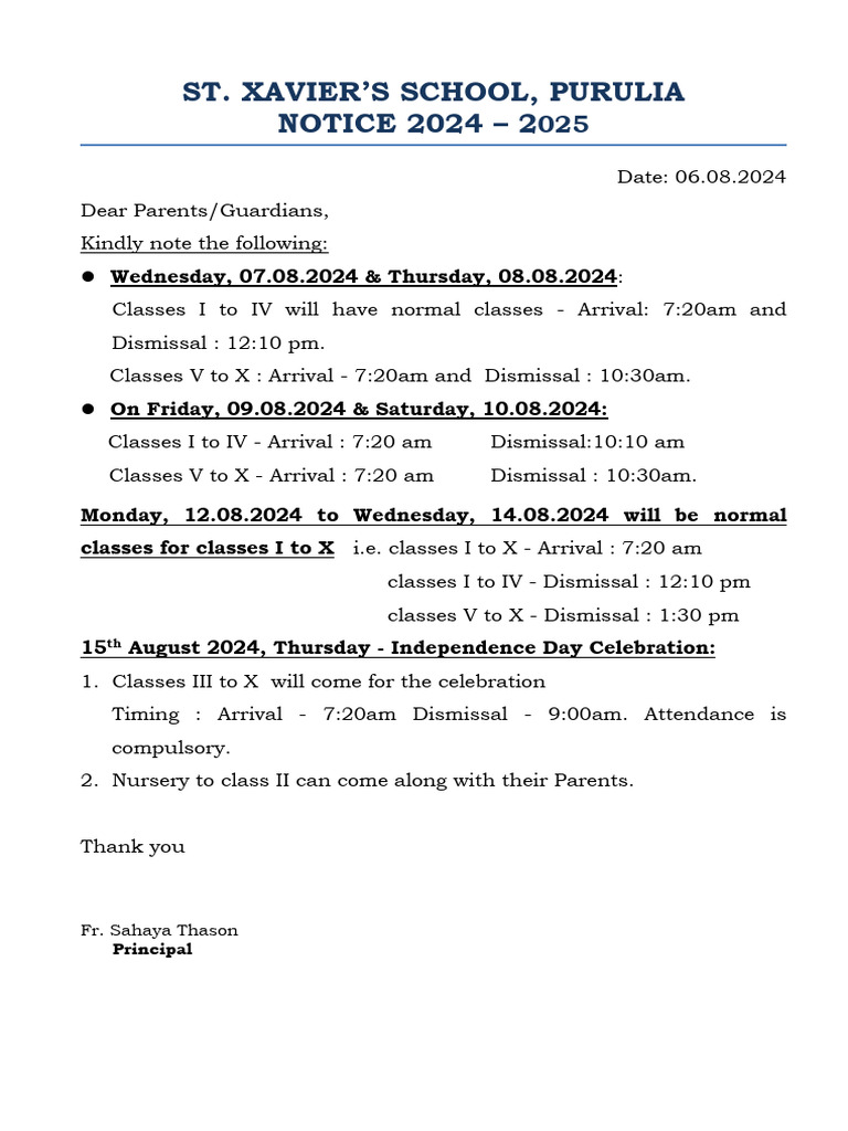 St. Xavier'S School, Purulia NOTICE 2024 - 2: Wednesday, 07.08.2024 ...