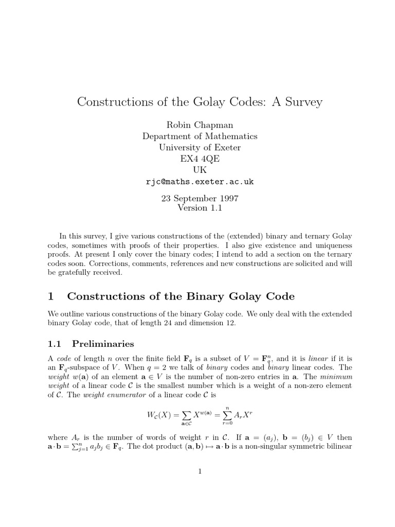 Survey of Binary Golay Code Constructions | PDF | Mathematics ...
