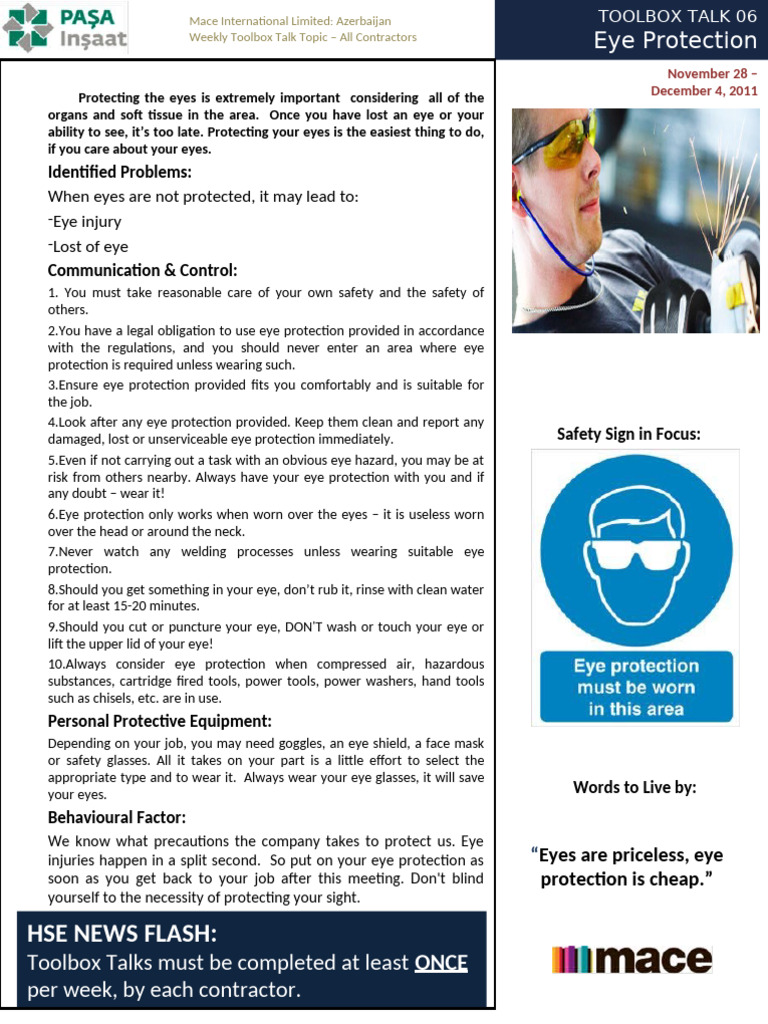 Eye Protection Toolbox Talk | PDF | Occupational Safety And Health ...