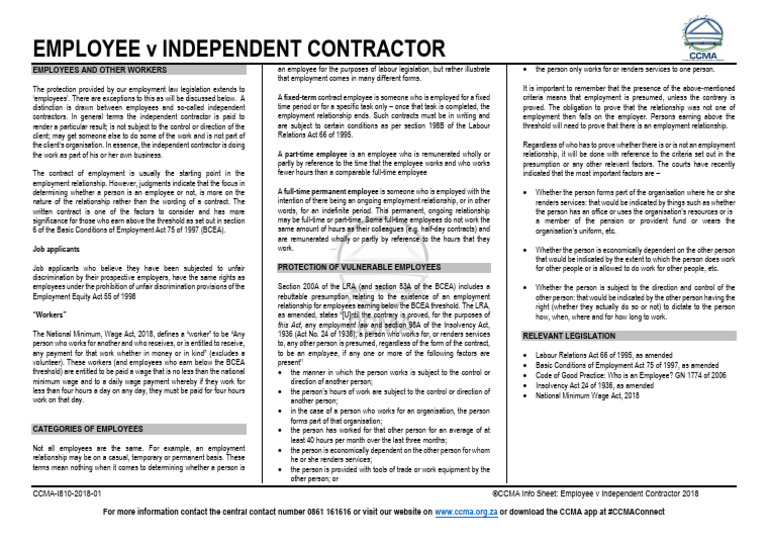 Employee V Independent Contractor 2018 01 | PDF | Employment | Labour Law