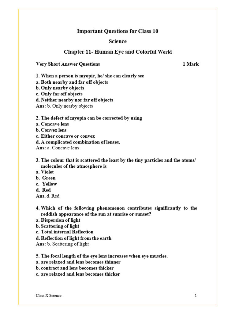 Remerial Human Eye Questions | PDF | Eye | Human Eye