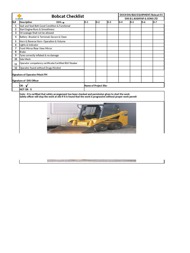 Bobcat Checklist - 22-06-2018 | PDF
