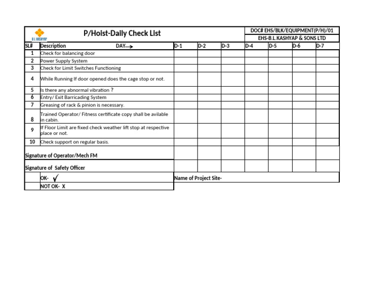 Daily Check - P-Hoist | PDF
