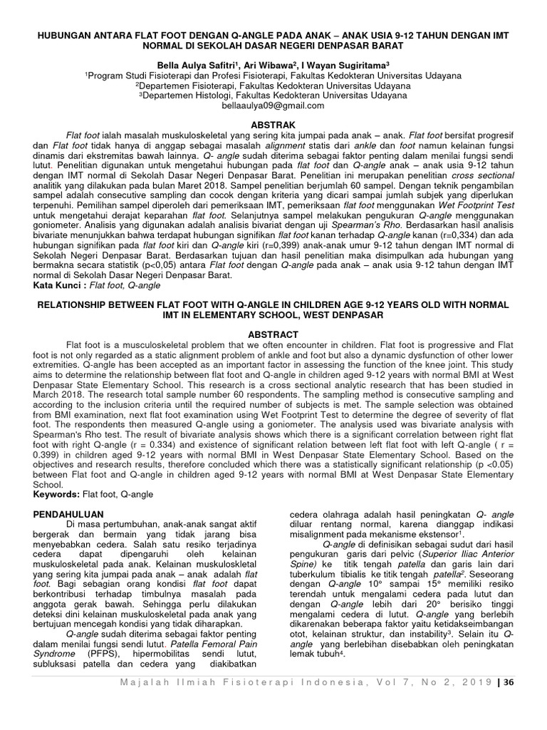HUBUNGAN ANTARA FLAT FOOT DENGAN Q-ANGLE PADA ANAK – ANAK USIA 9-12 TAHUN DENGAN IMT | PDF