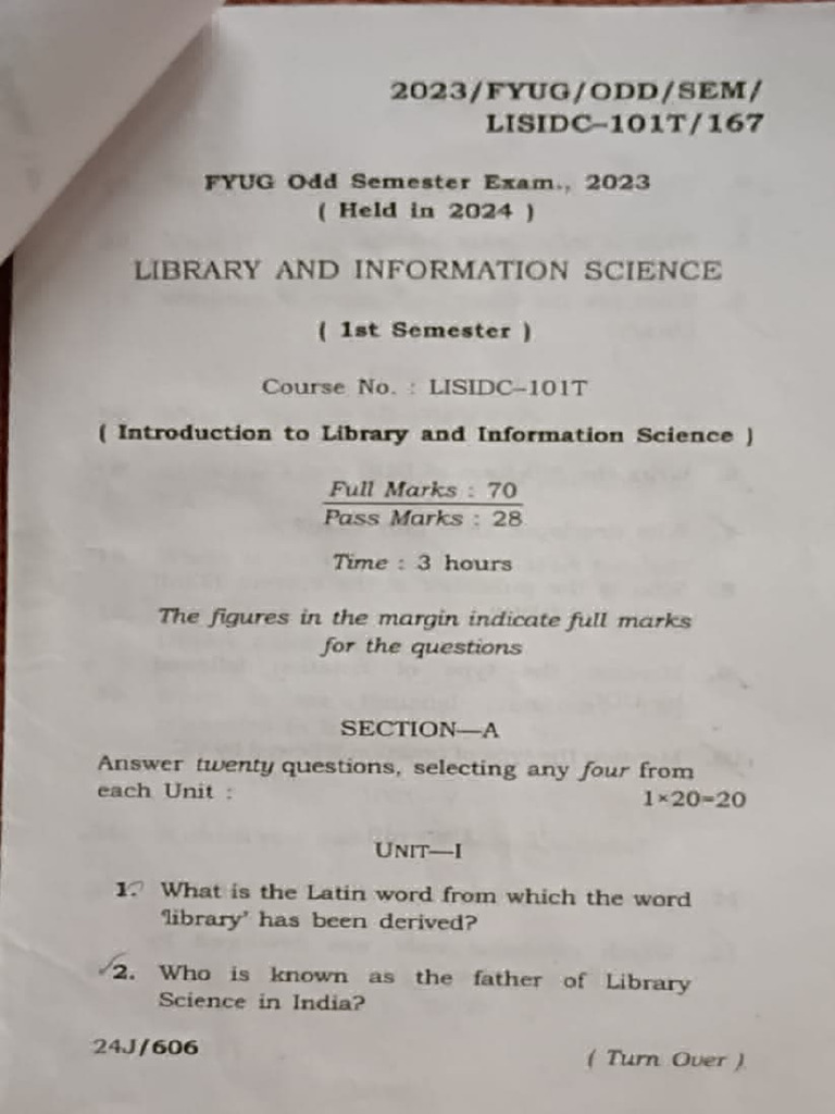 Library Science 1st Sem Exam Paper 2023 | PDF | Libraries | Information ...