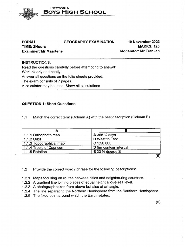 Form 1 Geography November Examinations 2023 | PDF