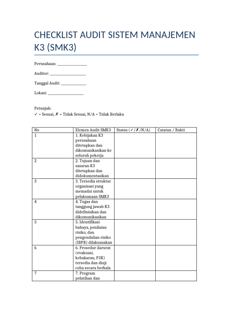 Checklist Audit SMK3 | PDF