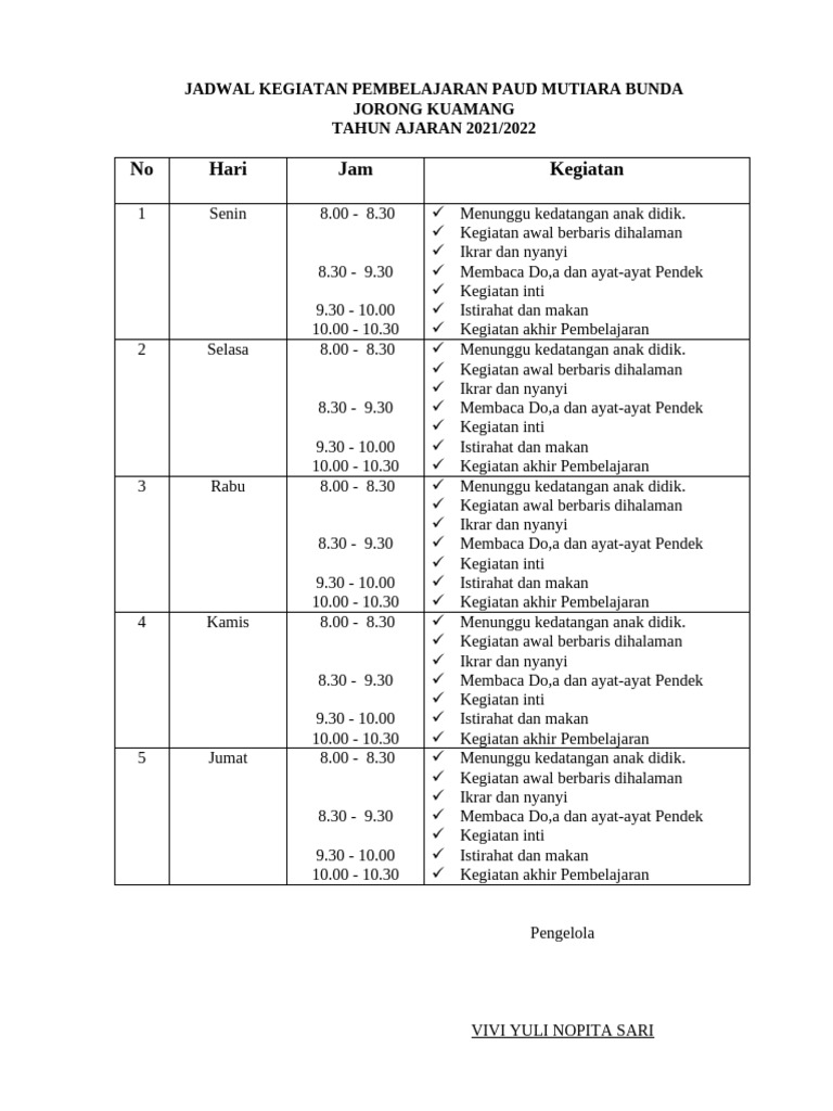 Jadwal Kegiatan Pembelajaran Paud Sayang Mande Lun | PDF
