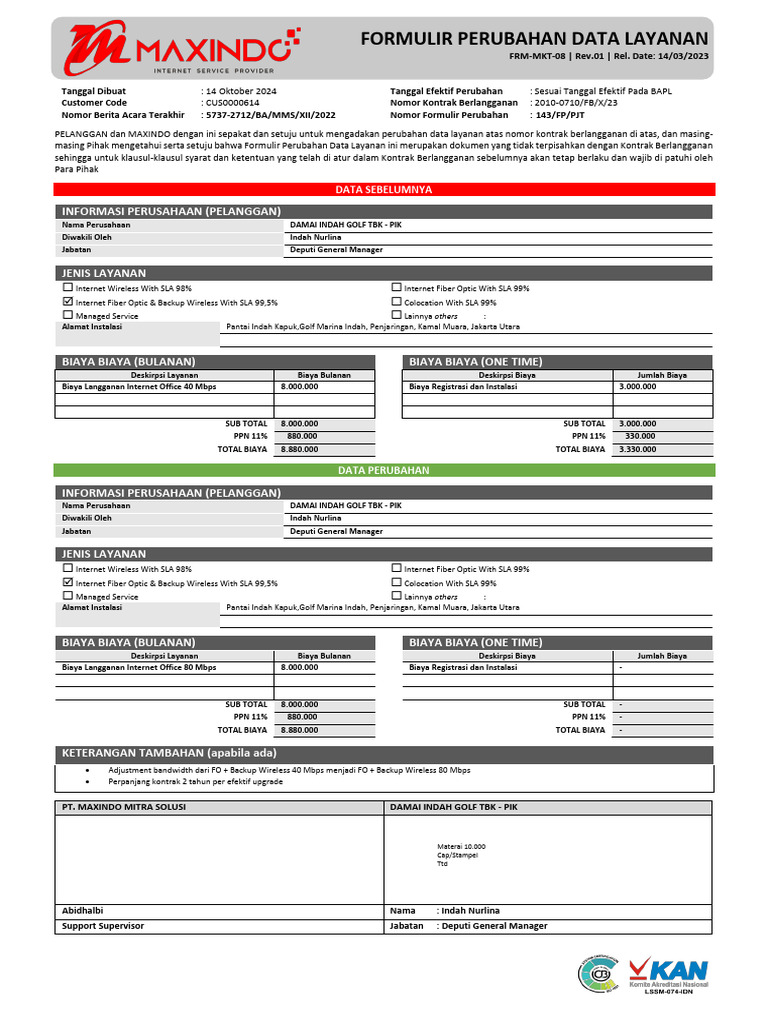 Frm-mkt-08 r01 Form Perubahan Data Layanan Damai Indah Golf TBK - Pik | PDF