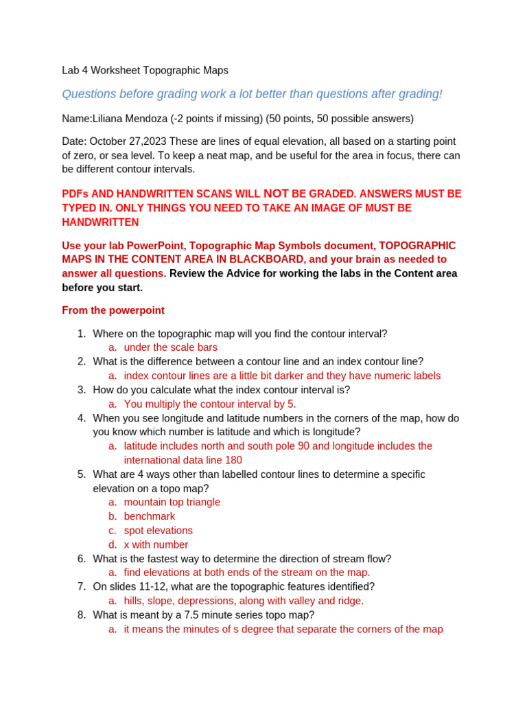 Lab 4 Worksheet Topo Maps fall 2024 (1) | PDF | Contour Line | Map