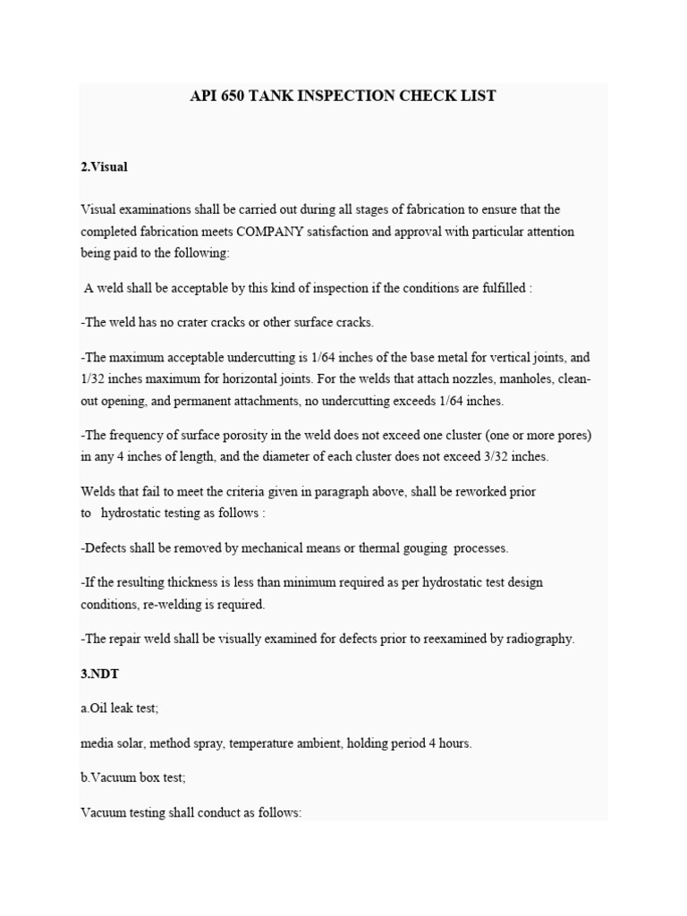 API 650 Tank Inspection Check List | PDF | Welding | Construction