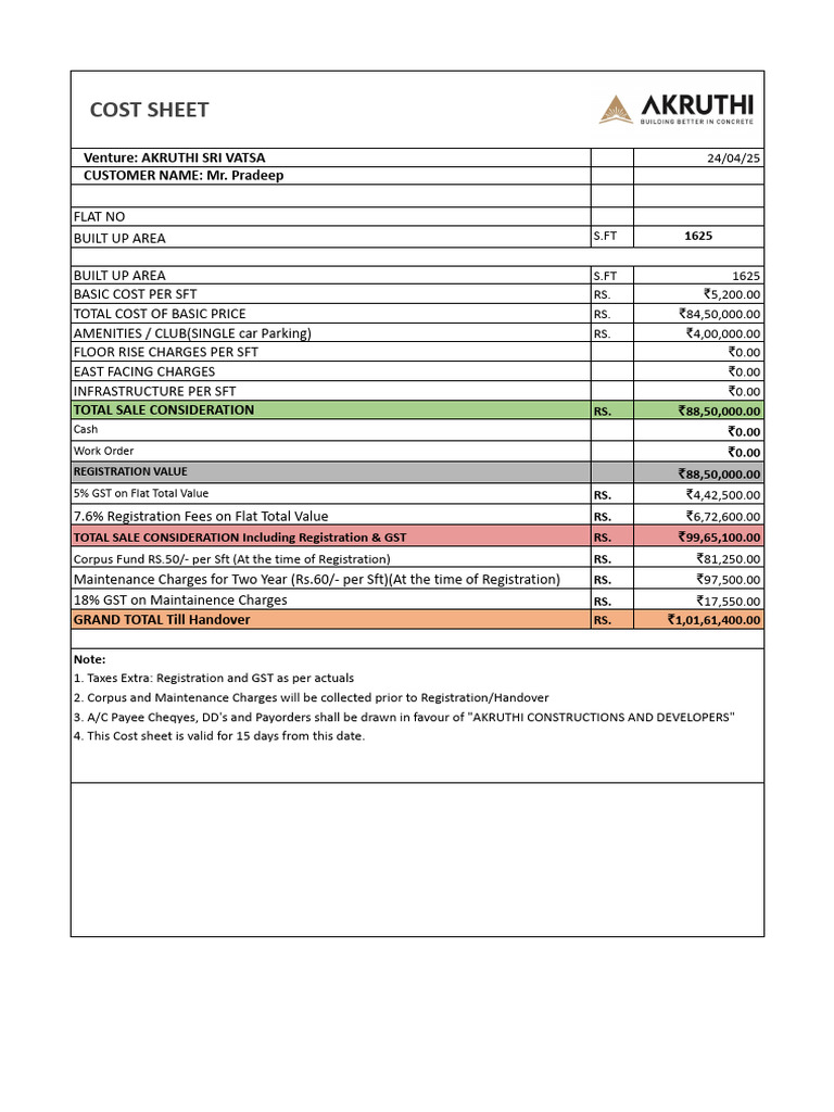 Sri - Vatsa Cost Sheet - Cost Sheet | PDF | Value Added Tax | Economies