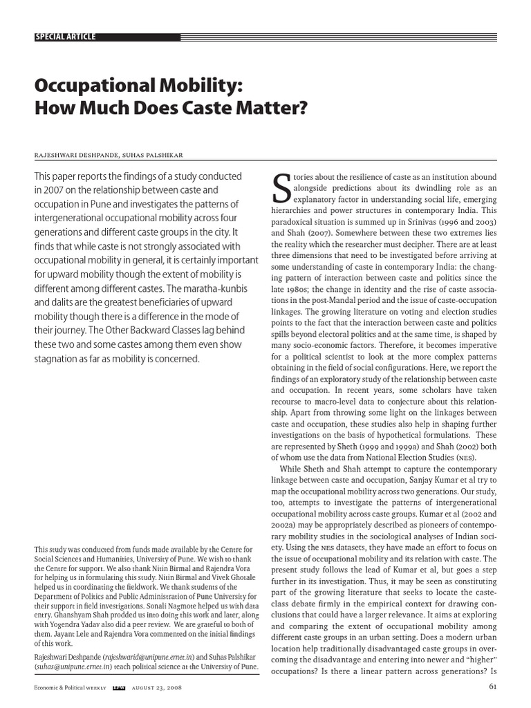 Occupational Mobility How Much Does Caste Matter | PDF | Social ...