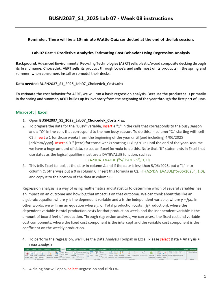 BUSN2037 S1 2025 Lab07 Instructions | PDF | Regression Analysis | Dependent And Independent ...
