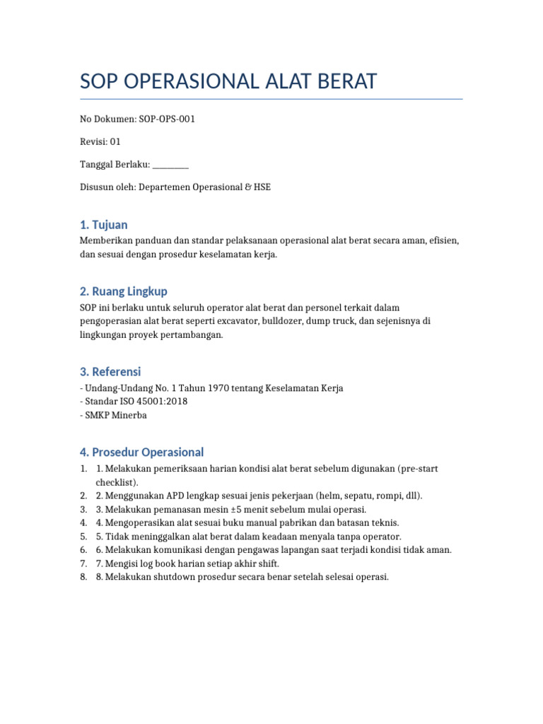 SOP Operasional Alat Berat Excavator | PDF