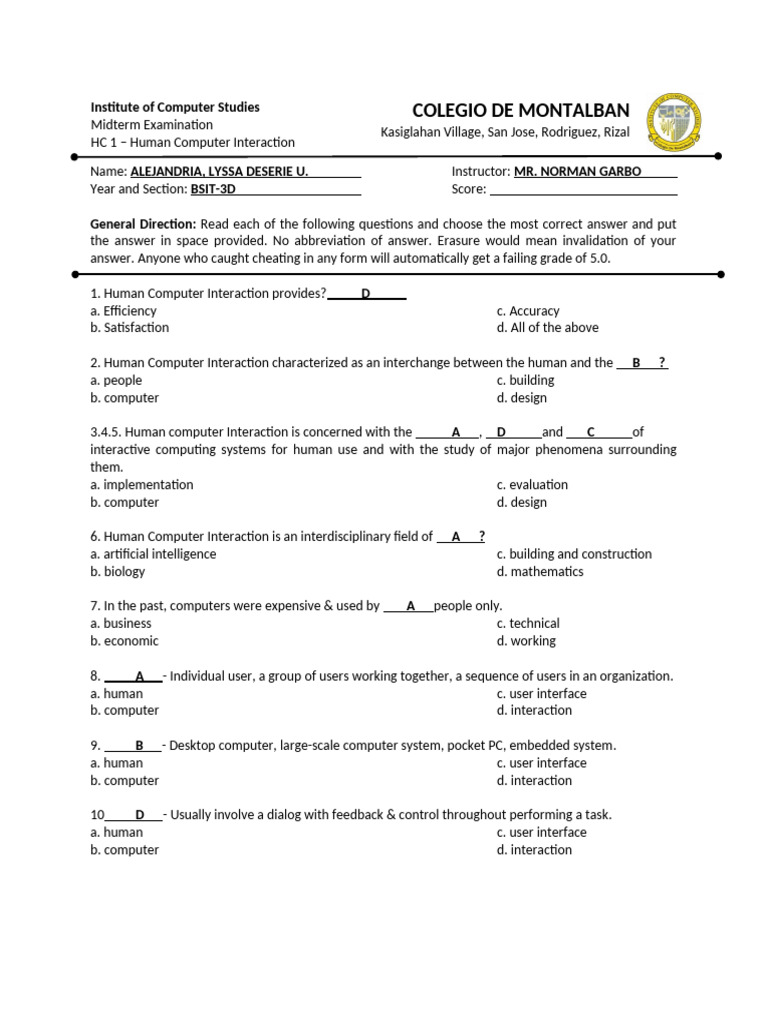 HC 1 - Human Computer Interaction Midterm-Exam | PDF | Usability | Computing