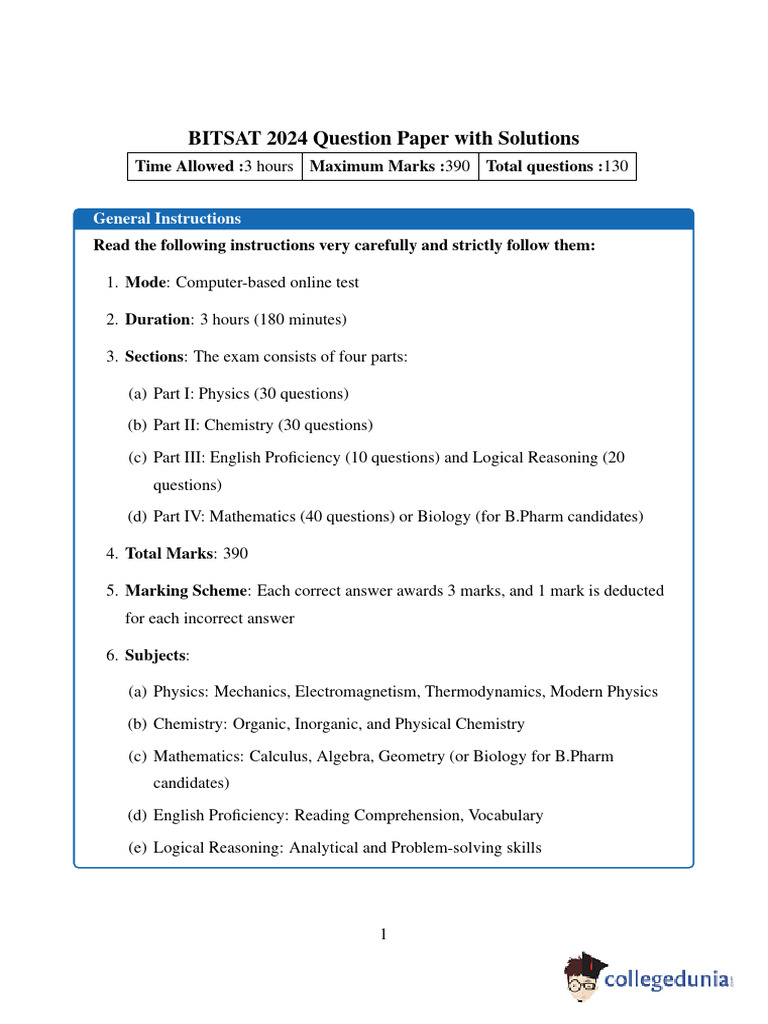 BITSAT 2024 CD Question Paper With Solution | PDF | Gases | Mole (Unit)