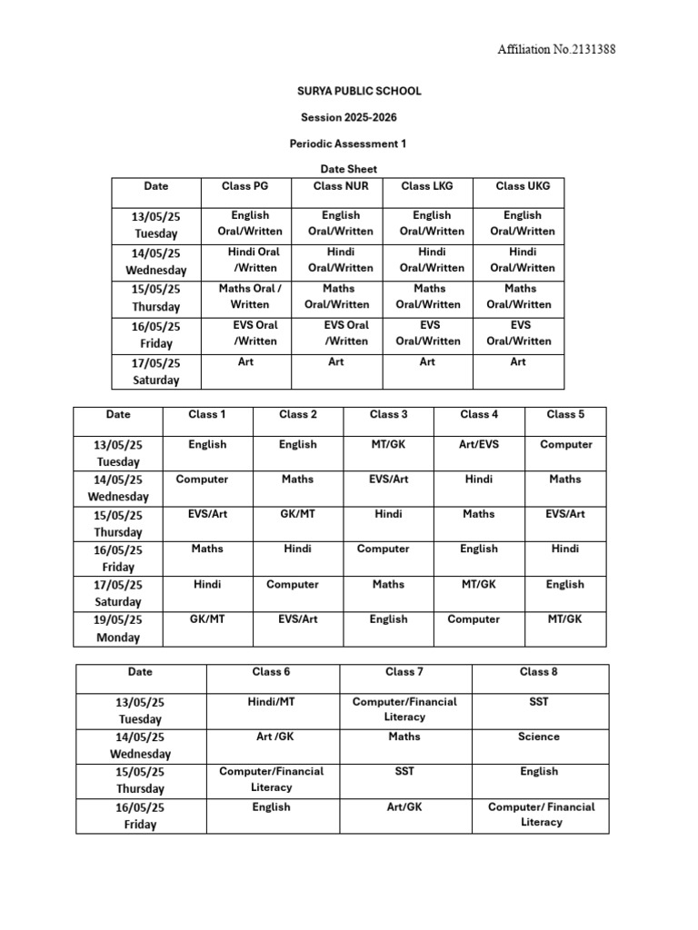 SA1 Periodic Assessment Schedule 2025 | PDF