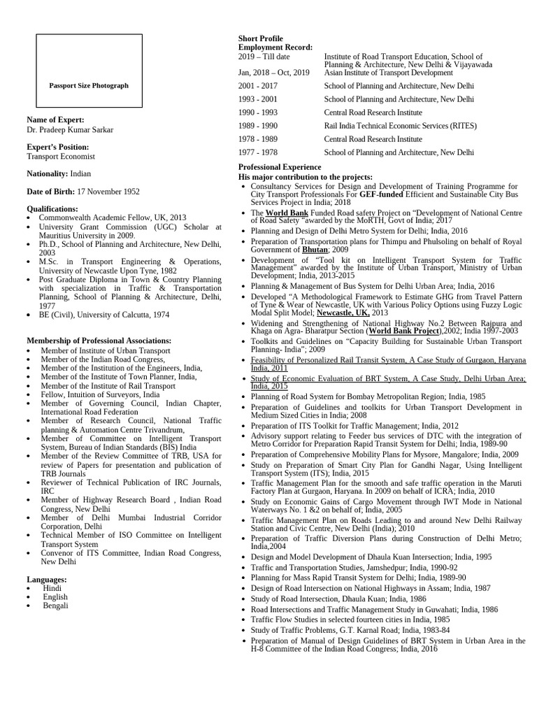 CV Pradeep Kumar Sarkar - Transport Economist | PDF | Delhi | Transport