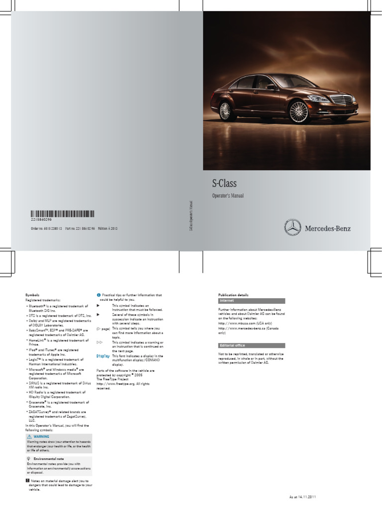 Mercedes S Class Sedan 2012 w221 Operators Manual 1 | PDF | Headlamp ...