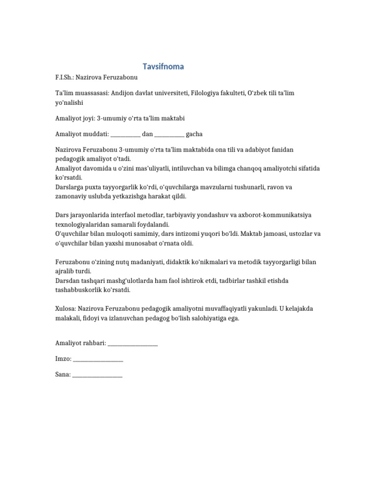 Tavsifnoma_Nazirova_Feruzabonu | PDF